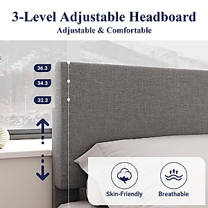 Allewie Queen Bed Frame with Upholstered Adjustable Headboard, Platform Bed with Wood Slats, Heavy Duty Mattress Foundation, No Box Spring Needed, Easy Assembly, Light Grey