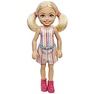 Barbie Chelsea Doll, Small Doll with Blonde Pigtails & Blue Eyes in Removable Striped Dress & Pink Boots