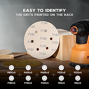 AugTouf 5 Inch Sanding Discs Hook and Loop, Assorted Grits 8 Hole Aluminum Oxide Sanding Discs for Random Orbital Sander - 100 Pack (60-800 Grit) by toolant