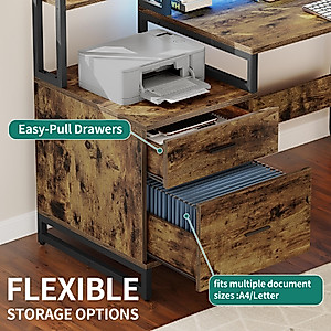 YITAHOME L Shaped Desk with Power Outlets & Hutch, Computer Desk with Drawers & LED Lights, Reversible Corner Office Desk with Printer Stand for Home Office, Rustic Brown