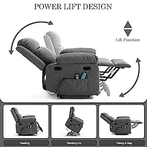 JEEOHEY Recliner Chair, Electric Power Lift Chair,Upholstered PU Leather Massage Chair Recliner Sofa with Heated,Adjustable Modern Reclining Chair for Elderly Adults(Grey)