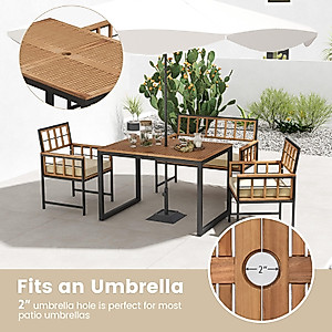 Tangkula 4 Piece Patio Dining Set, Outdoor Wood Dining Furniture W/ 2 Chairs & 1 Loveseat, 47” Acacia Wood Table W/Umbrella Hole, Cozy Seat Cushions, Outside Furniture Set for Backyard, Poolside