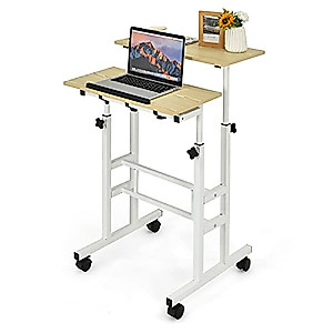 Tangkula Mobile Standing Desk Stand Up Desk, Height Adjustable Computer Desk with Standing & Seating 2 Modes, Tilting Tabletop & Flexible Wheels, Rolling Laptop Cart Sit Stand Desk