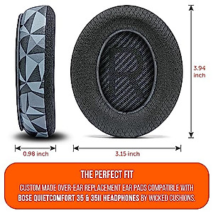 WC Freeze QC35 - Cooling Gel Ear Pads for Bose QC35 & QC35ii (QuietComfort 35) Headphones & More | Breathable Sports Fabric, Cooling Gel, Extra Thick & Cooler for Longer | Geo Grey