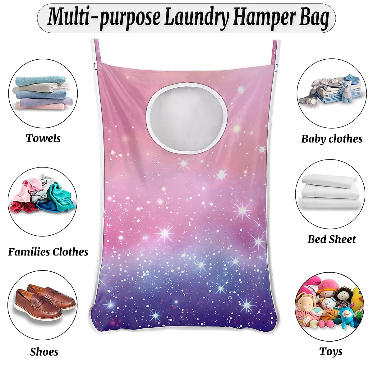 Xosoxruk Pink Purple Glitter Hanging Laundry Hamper Bag, Over the Door Laundry Basket with Hooks, Foldable Wall Hanging Laundry Bag, Hanging Hamper for Laundry Bathroom