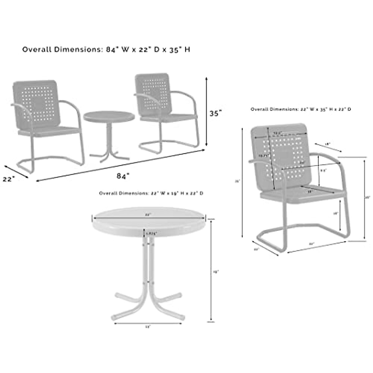 Crosley Furniture KO10019WH Bates 3-Piece Retro Metal Outdoor Seating Set with Side Table and 2 Chairs, White Gloss and White Satin