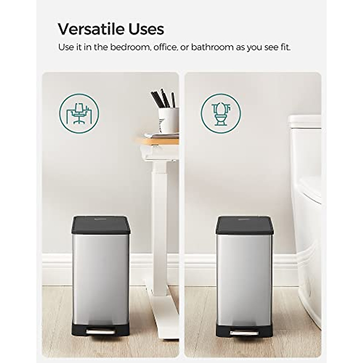 SONGMICS Bathroom Trash Can, 1.5 Gallon (5.7L) Garbage Can with 15 Trash Bags, Stainless Steel Step Bin, Removable Inner Bucket with a Metal Handle, Soft Closure, Silver and Black ULTB105E01