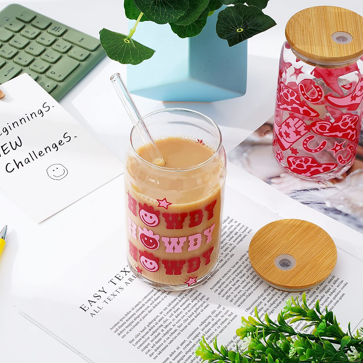 Whaline Western Cowgirl Beer Can Glass Cowgirl Drinking Glasses 16oz with Bamboo Lid Glass Straw and Cleaning Brush Cowboy Boots Disco Drinking Glass Boho Preppy Coffee Decor Gift Idea,2 Pack