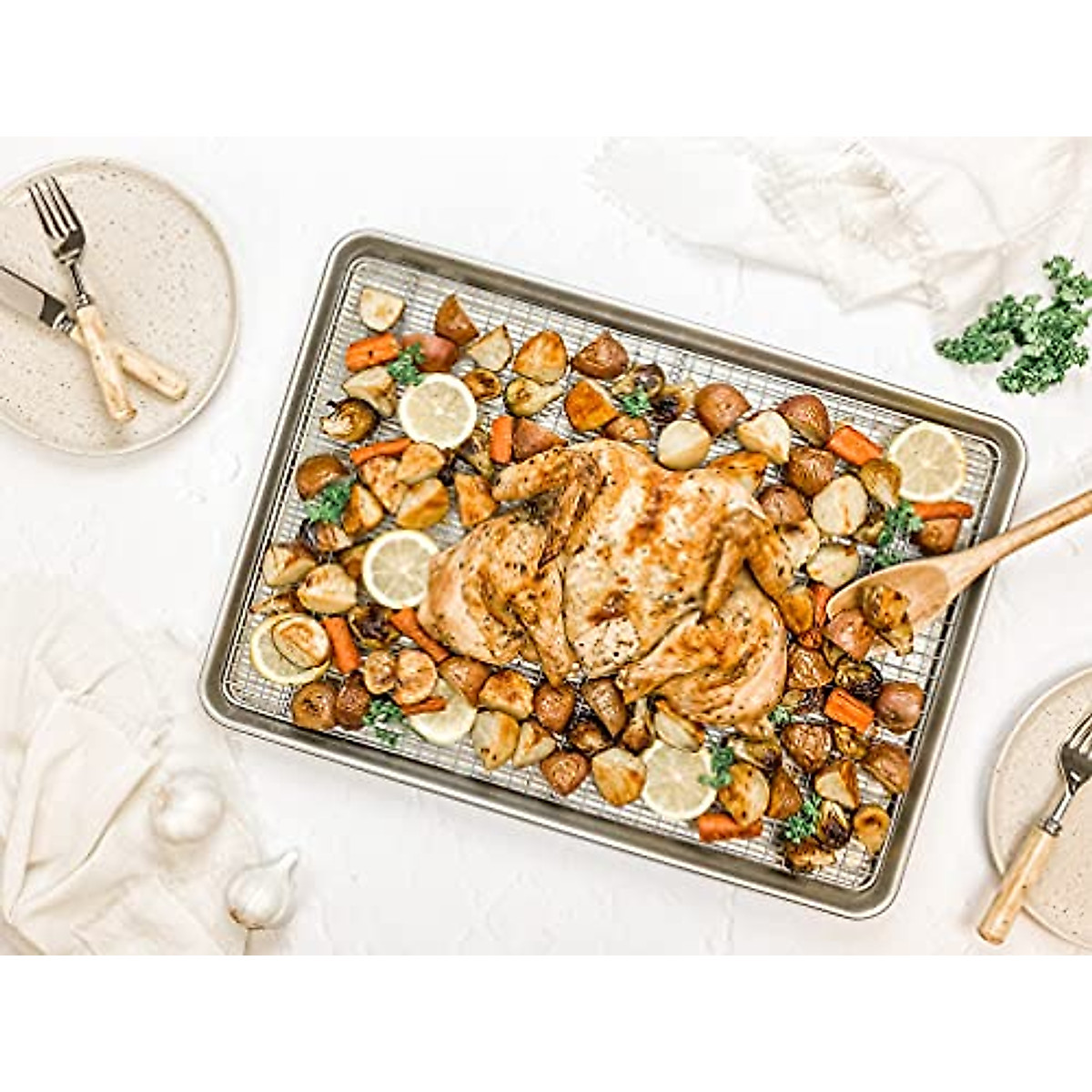 USA Pan Bakeware Half Sheet Baking Pan and Bakeable Nonstick and Cooling Rack Set, Metal