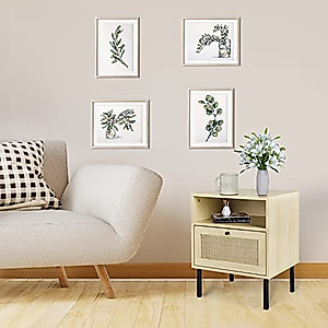 Lamerge Rattan Nightstand Set of 2, Wooden End Table, Modern Side Table with Storage Drawer and Opening Shelf, Accent Table for Living Room, Bedroom and Small Spaces, Natural
