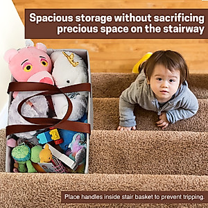 SAM AND MABEL Stair Baskets for Carpeted and Wooden Stairs - 16” L x 9.5” W x 16” H Foldable Staircase Basket with Handles, Stair Step Storage Organizer for Home Office Decor (Grayish Beige)