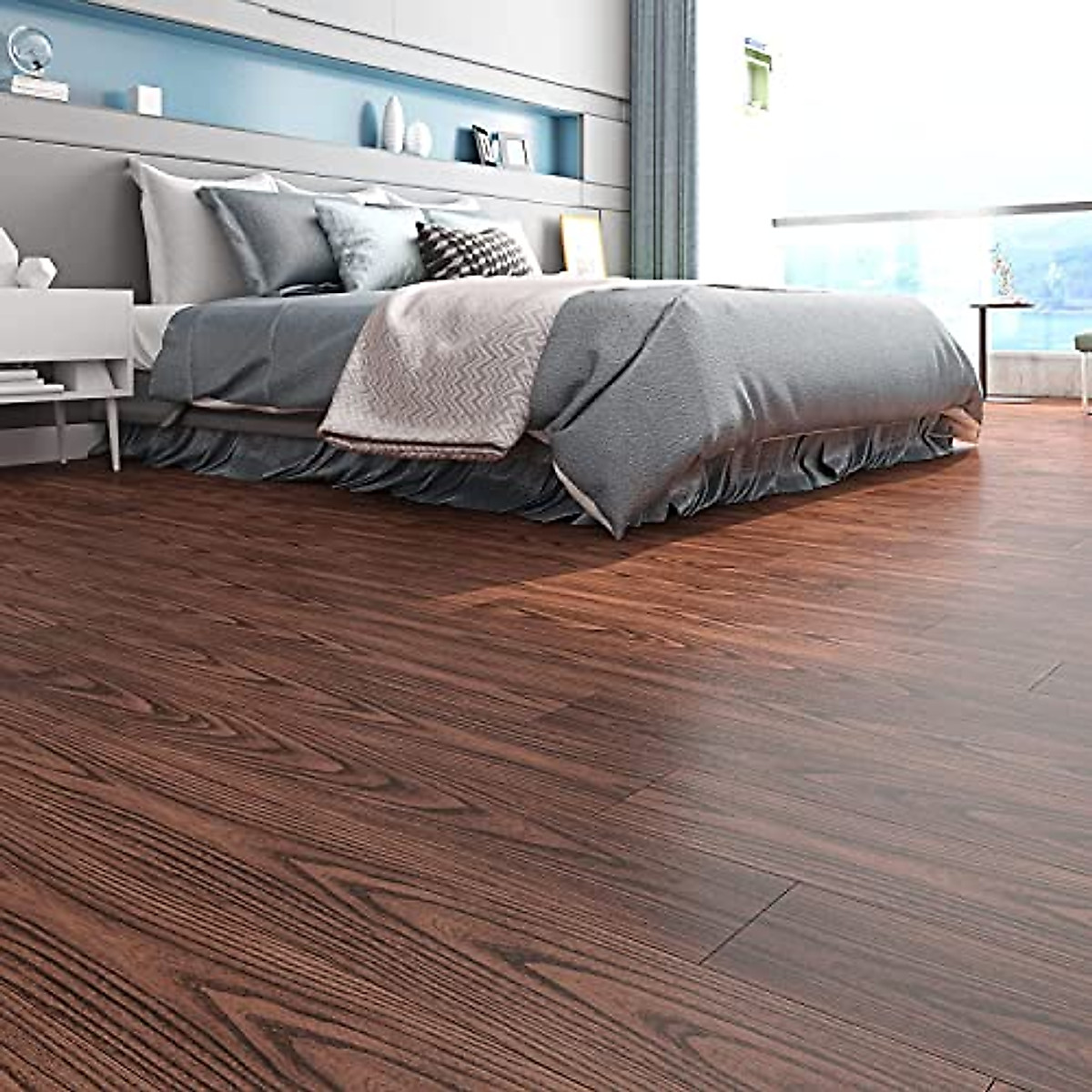 FunStick 6"x36" 15 Pcs Peel and Stick Floor Tile Wood Planks Waterproof Laminate Flooring Red Brown Wood Vinyl Flooring Planks Peel and Stick Flooring for Bathroom Floor Tile Bedroom Walls RV Laundry