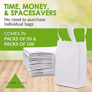 Prime Line Packaging Clear Gift Bags with Handles, Frosted Plastic Shopping Tote for Girls, Small Business, Boutiques, Retail, Bulk, 6x3x9 100 Pack