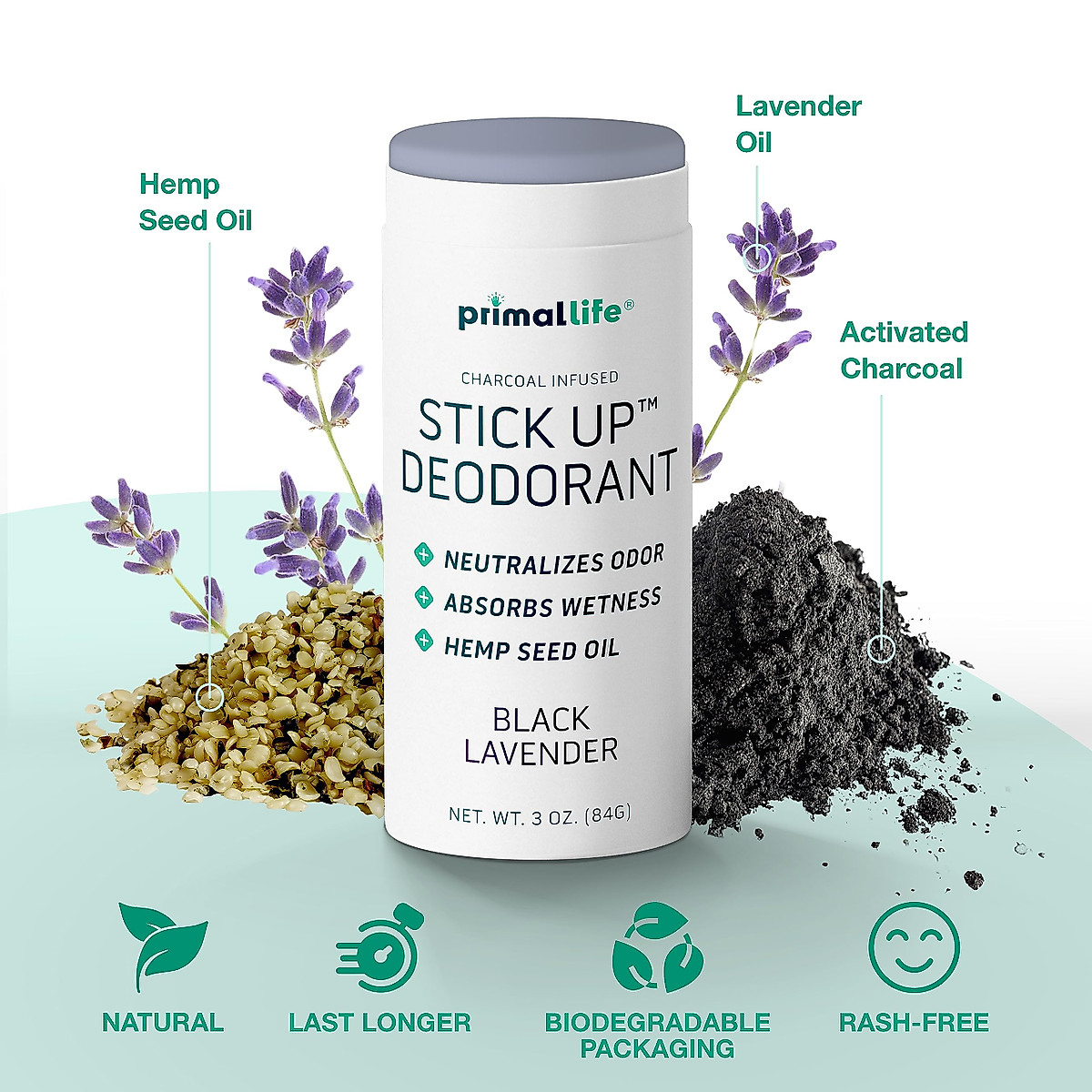 Stick Up Natural Deodorant for Women and Men with Bentonite Clay Powder, Arrowroot, Magnesium, Zinc, 3 oz. Vegan Deodorant for 3-4 months, Black Lavender - Primal Life Organics