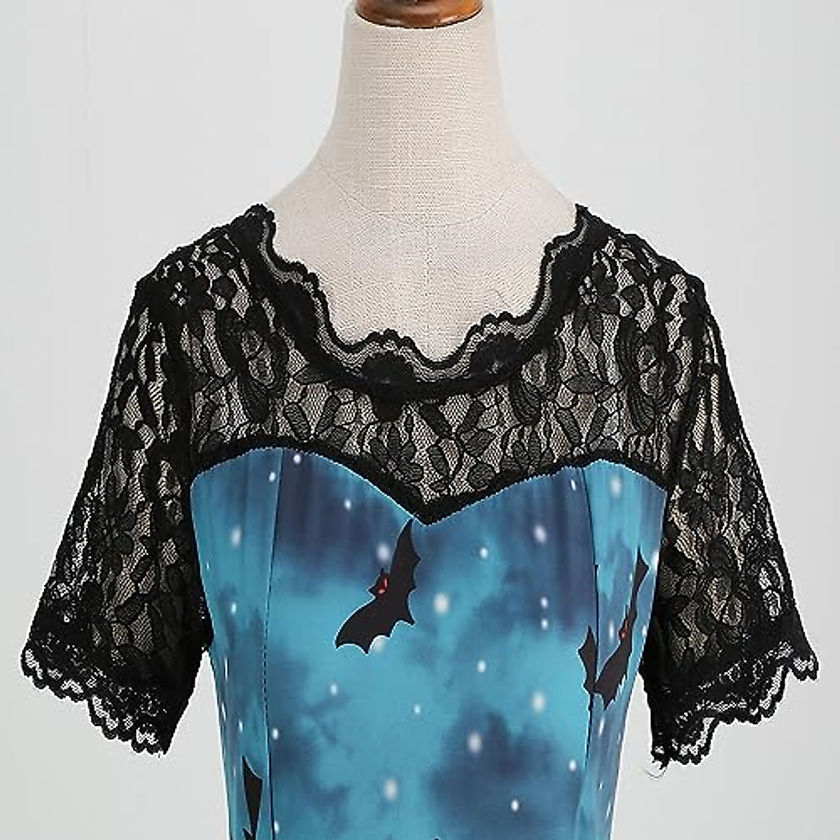 Halloween Costumes for Women Scary Funny Skeleton Swing Dress Lace Short Sleeve Flared Dresses Holiday Party Dress Sky Blue