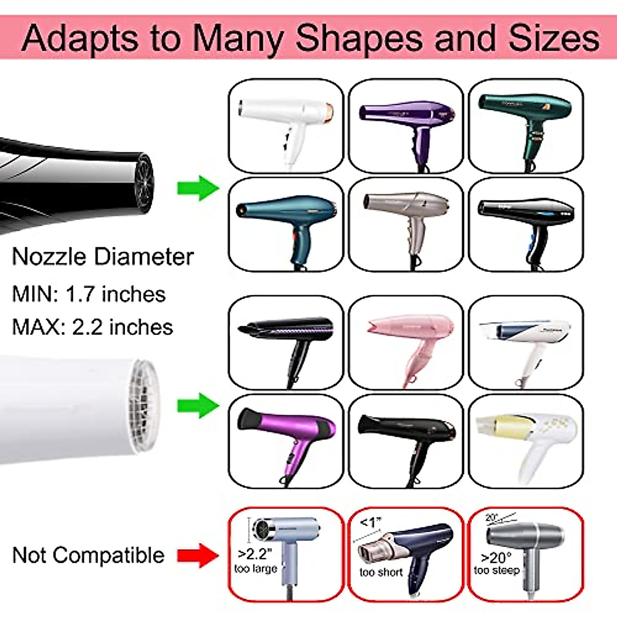 Universal Hair Diffuser Adaptable Hair Dryer Attachment for Blow Dryer Nozzles from 1.7 to 2.2 inch Diameter (Pink with Shampoo Brush)