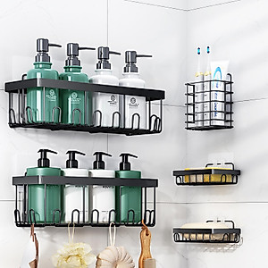 Kitstorack Shower Caddy, 5 Pack Adhesive Shower Organizer with 28 Hooks Wall Shampoo Holder for Bathroom Storage & Kitchen, Rustproof Large Shower Caddy Shelf Organizer Rack, Black