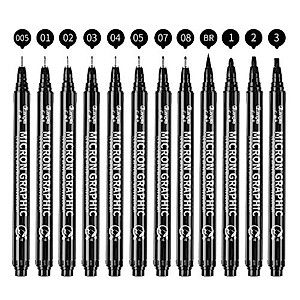 Guangna Black Micro-Pen Fineliner Ink Pens,Waterproof Archival Ink Fine Point Micro Drawing Pens for Art Watercolor, Sketching, Multiliner, Anime(Set of 12)