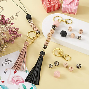 FASHEWELRY 54pcs Mama Silicone Bracelet Keychain Kit 12mm 15mm Leopard Print Silicone Beads Polygonal Silicone Rubber Beads for Mother’s Day Gift Mom Sister Auntie