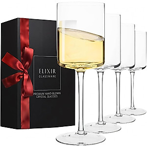Square Wine Glasses Set of 4 - Crystal Wine Glasses 14oz in Gift Packaging - Large Red Wine Glass on Long Stem - Unique Modern Shape - Lead-Free - For White & Red Wine