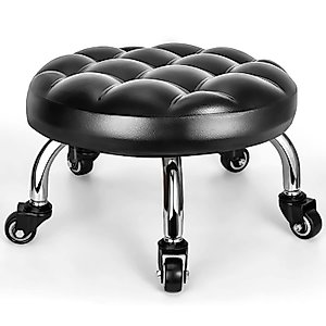 FLOLXNB Low Rolling Stool, Low Stool with Wheels, PU Leather Low Roller Seat Stool Chair, Rolling Seat Stool for Home Office Garage Shop (Style 1)