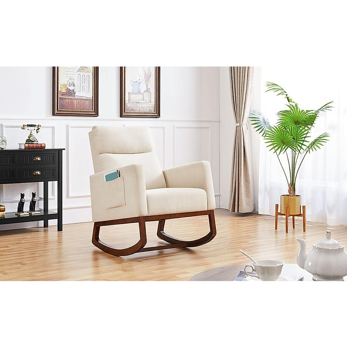 Yaheetech Rocking Chair Nursery，Glider Chair Modern Accent Chair with Side Pocket Living Room High Back Armchair for Living Room Lounge, Beige