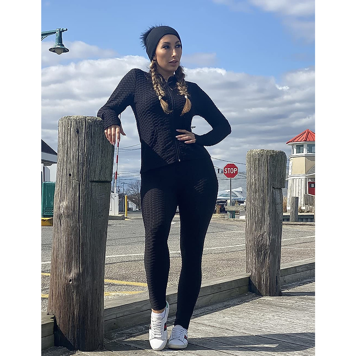 KANSOON Jogging Suits for Women, Textured 2 Piece Outfit Long Sleeve Full Zip Jacket Skinny Pants Tracksuit Set Black L