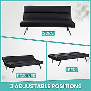 Naomi Home Black Faux Leather Futon Sofa Bed, 66"W x 31"D x 28.3"H, 3-Position Reclining, 500 lbs Weight Capacity