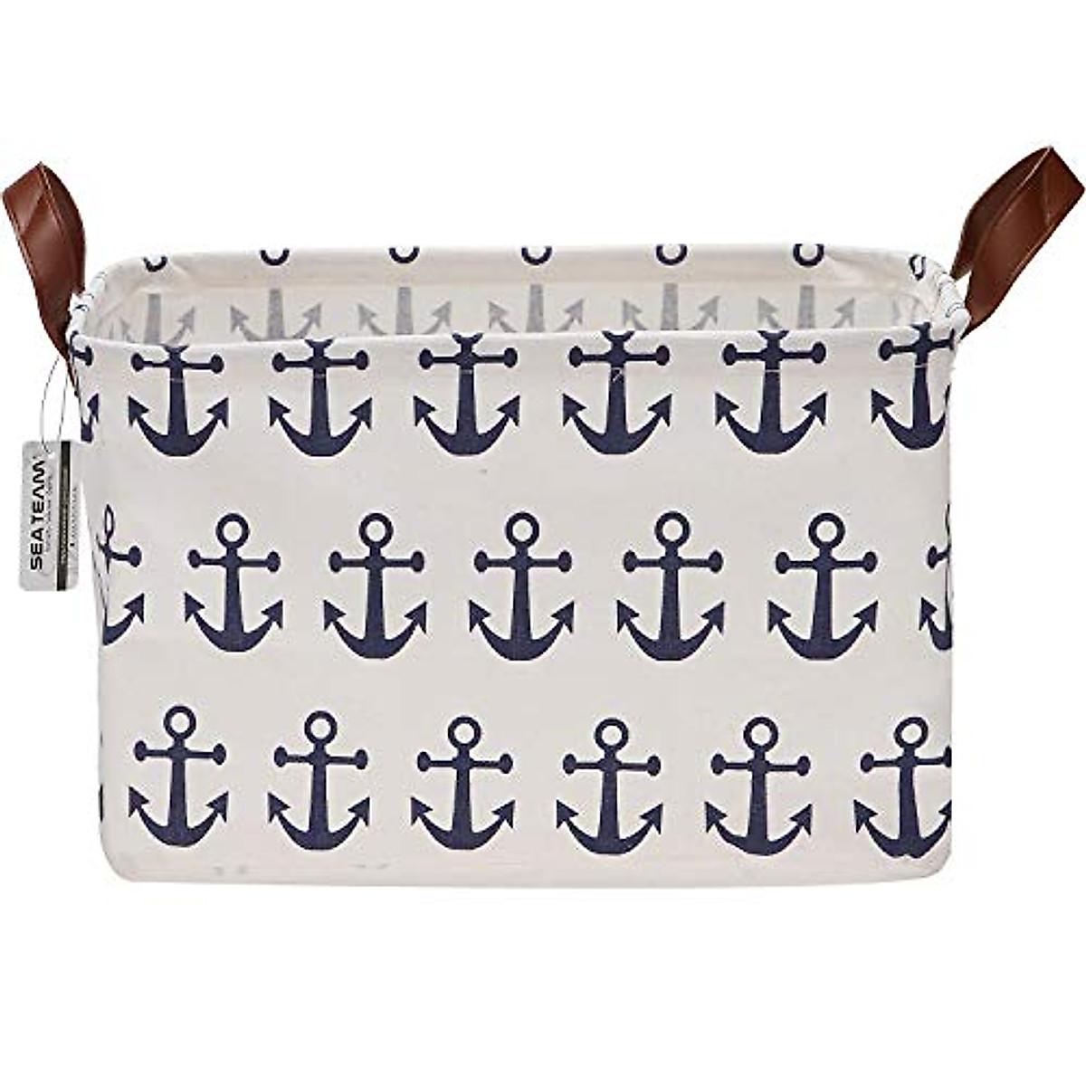 Sea Team Large Size Canvas Storage Bin Collapsible Shelf Basket Toy Organizer with Nautical Anchor Pattern, 16.5 by 11.8 inches, Navy Blue