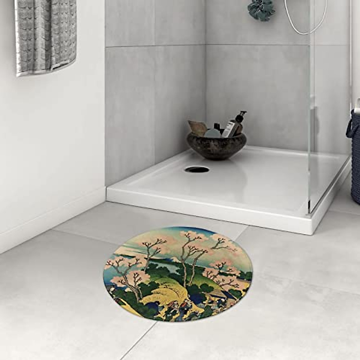 WONDERMAKE Vintage Mandala 23.6 inch Throw Rugs Soft Non-Slip Mat/Boho Hokusai Japan Ink Cherry Blossom Mount Fuji Round Area Rug 2' / 2' Diameter for Bedroom Bathroom Living Room