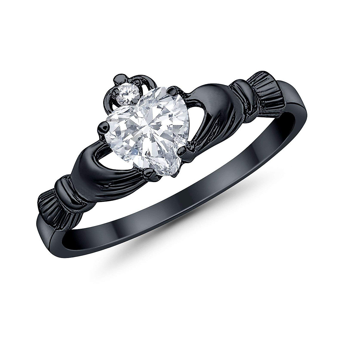 Blue Apple Co. Black Tone, Simulated Cubic Zirconia Size-6 Claddagh Accent Wedding Ring Heart Shape Round CZ 925 Sterling Silver