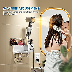 susimond Hair Dryer Holder Wall Mounted, Upgraded Hands-Free Blow Dryer Holder with Phone Holder and Hooks, Wall Mount Bathroom Hot Tool Organizer for Hair Drver, Curling Wand, Straightener