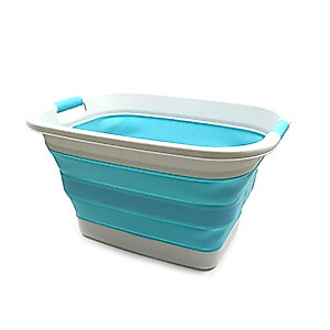 SAMMART 37L (9.77 Gallon) Collapsible Plastic Laundry Basket - Foldable Pop-Up Storage Container/Organizer - Portable Washing Tub - Space Saving Hamper/Basket (1, Grey/Bright Blue)