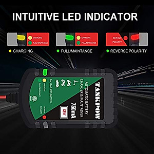TANKPOW 750mA Battery Charger,12V Car Battery Charger,Float Charger,Trickle Charger and Battery Maintainer for Automotive,Car,Motorcycle,Lawn Mower,SLA AGM Gel Lead-Acid Batteries