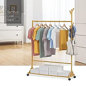 MoNiBloom Bamboo Clothing Garment Rack with Wheels and Bottom Shelf 2-in-1 Freestanding Clothes Organizer with 6 Side Hooks for Hanging Clothes Hats, Natural