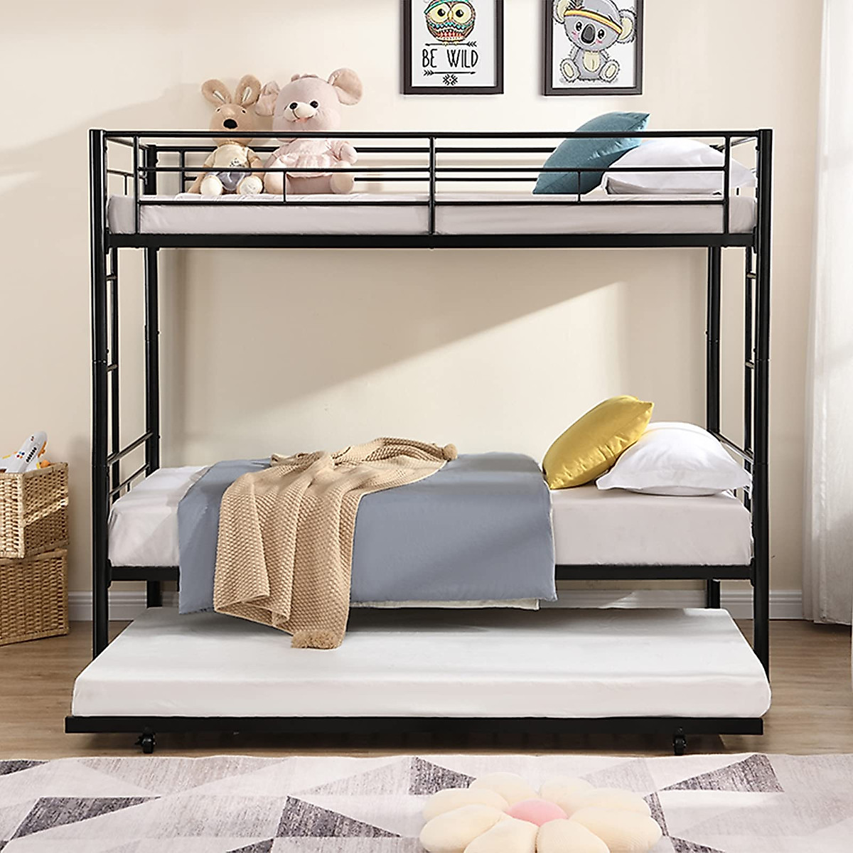 CALABASH Twin Over Twin Metal Bunk Bed with Trundle Heavy Duty Twin Size Bunk Beds Frame with 2 Side Ladders,Bunkbed with Safety Guardrails for Adults,Boys,Girls (New Black)