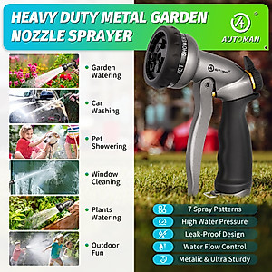 AUTOMAN Garden Hose Nozzle - 7 Patterns Sprayer, 100% Metal High Pressure Spray Nozzle, Labor-Saving Design, Heavy Duty Water Hose Nozzle for Garden Watering, Car Washing, Window Cleaning,Pets Bathing