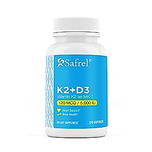 Safrel Vitamin K2 (MK7) 120 MCG and D3 5000 IU Supplement per Capsule, Supports Calcium Absorption for Bone, Immune and Heart Health, Easy to Swallow K2 and D3, Non-GMO, 120 Count