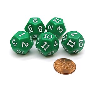 Koplow Games Set of 5 D12 12-Sided 18mm Opaque RPG Dice - Green with White Numbers
