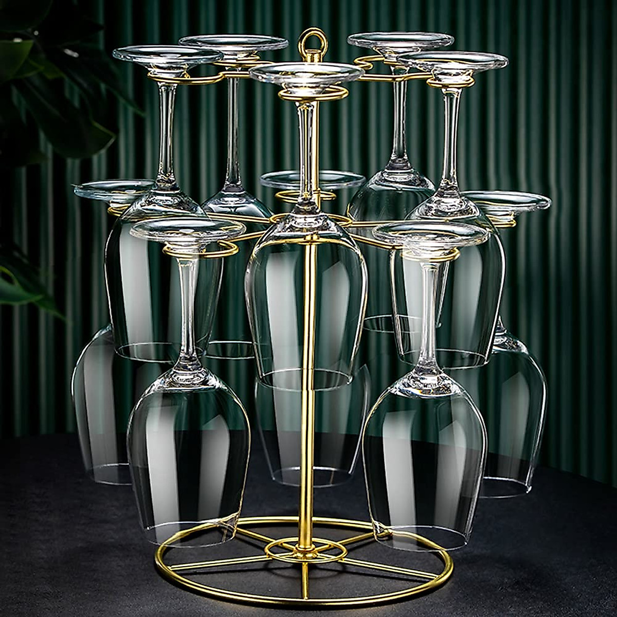 STXMY Hanging Wine Glass Rack, Gold Modern Metal Freestanding Countertop Stemware Holder with 10 Hooks, Air Drying System, for Cabinet Kitchen or Bar