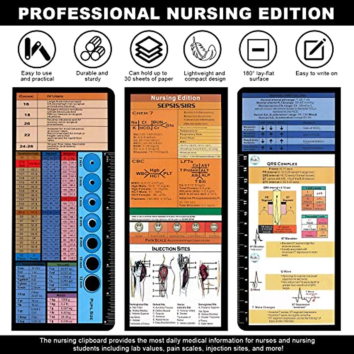 Nursing Clipboard, Nursing Clipboard Foldable with Nursing and Medical Edition Cheat Sheets 3 Layers Aluminum Foldable Clipboard Nursing Notepad for Students, Nurses, Doctors, Nursing Edition (Black)