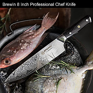 Brewin Kitchen Knife with Sharpener, Razor Sharp 8 Inch Chef Knife with Black Pakkawood Handle German High Carbon Stainless Steel Full Tang Professional Cooking Knives with Gift Box