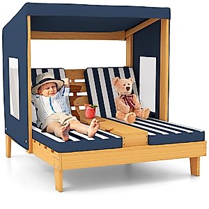 Costzon Kids Lounge Chair Outdoor, Wood Double Seat Chaise Lounge with Canopy, Cup Holders, Cushion, Backrest Recliner, Kids Patio Furniture, Gift for Boys Girls 3-8 Years Old
