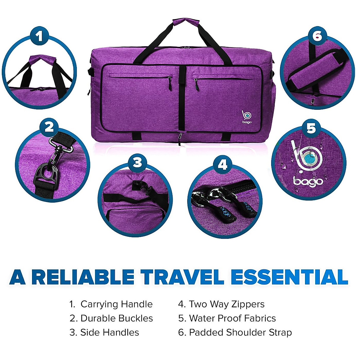 Bago Travel Duffel Bags for Traveling Women & Men- Foldable Weekender Bag - 80L 27" Large Duffle Bag For Travel & Camping Bag - Packable Lightweight Overnight Luggage bag (SnowDepPurple)