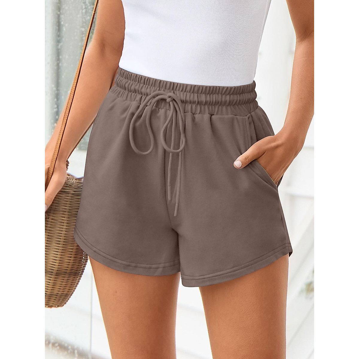 Trendy Queen Womens Sweat Shorts Casual Summer Comfy Lounge Athletic Shorts Elastic Cotton Running Shorts Coffee L