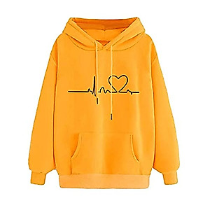 Fashion Hooded Sweatshirts for Women Long Sleeve Drawstring Pocket Classic Pullovers Electrocardiogram Casual Shirt Tops Yellow
