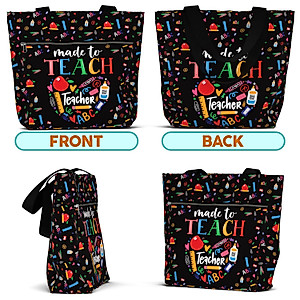 84hoods Large Tote Bag for Women Teacher. Aesthetic Shoulder Bag Gift for Teacher. Waterproof Work Grocery Bag 15 inch with Pockets and Zipper. Made to Teach.