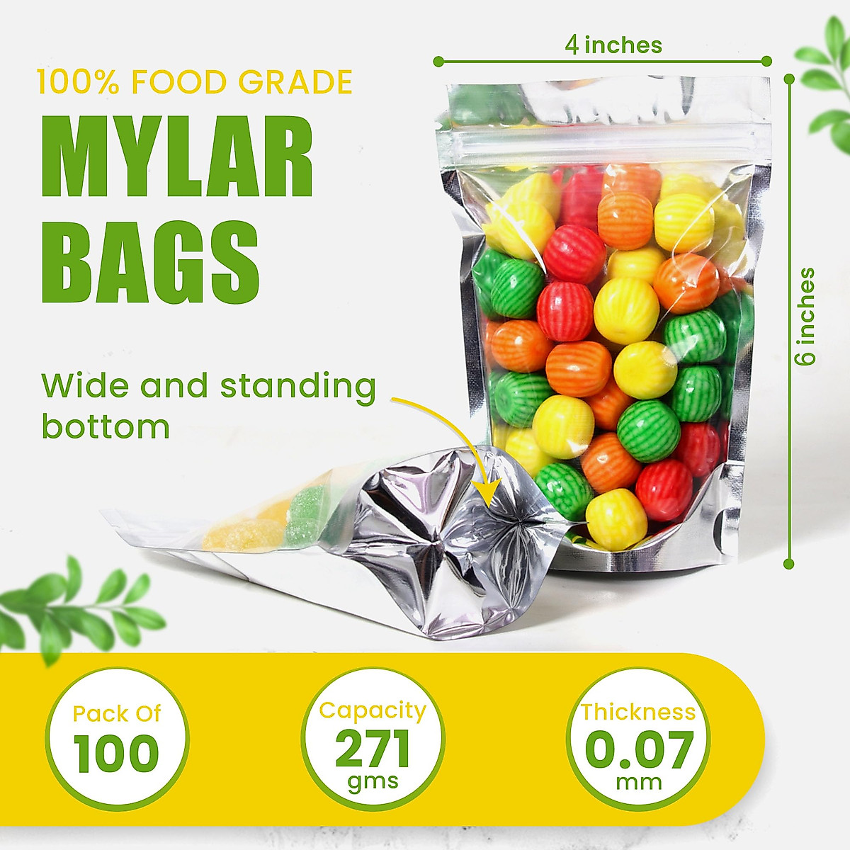 Pack of 100 Mylar Bags, Resealable Mylar Bags for Food Storage