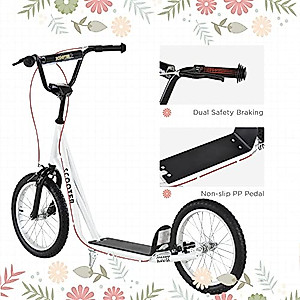 Aosom Youth Scooter Kick Scooter for Kids 5+ with Adjustable Handlebar 16" Front and Rear Dual Brakes Inflatable Wheels, White