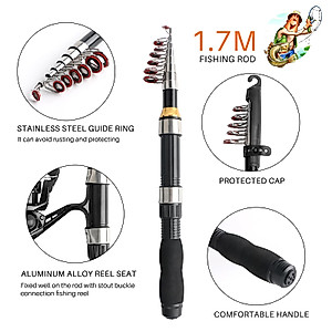 Telescopic Fishing Rod Reel Full Kit Fishing Line Lures for Beginner All-in-One 1.7M/5.58FT Light-Weight Fishing Rod+Spinning Reel+Line+Lures Set+Carry Bag for Kids Youth Outdoor Travel Bass Trout